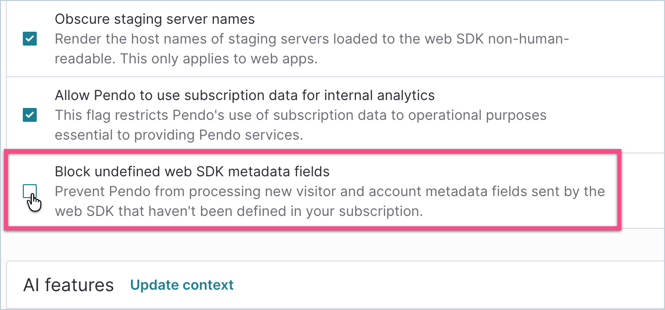 Block undefined web SDK metadata fields – Pendo Help Center